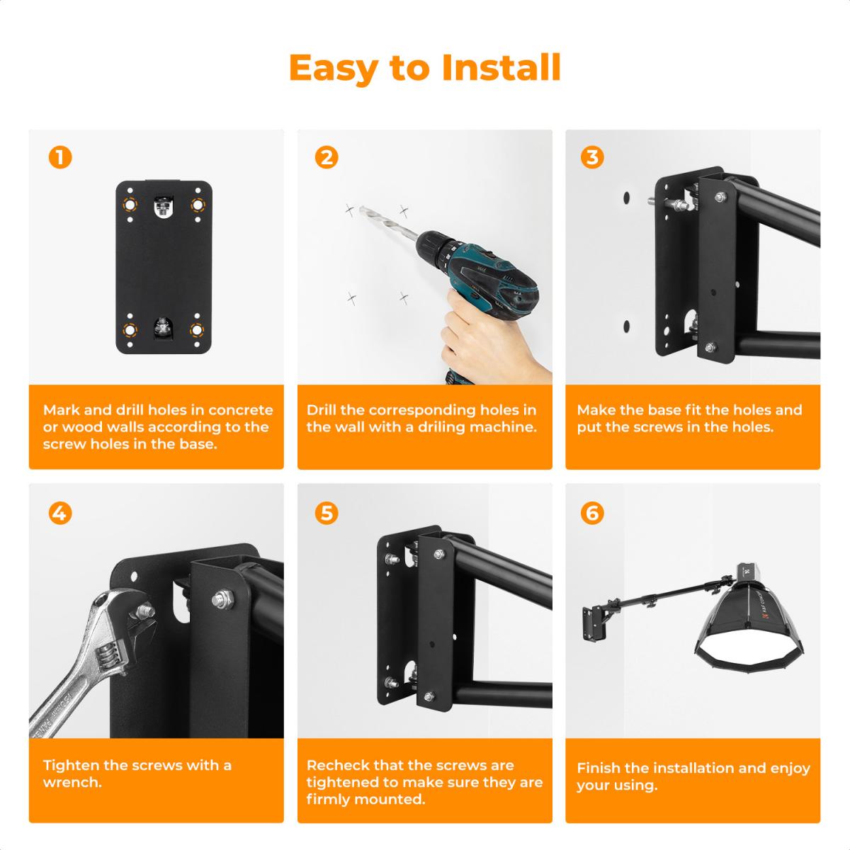 51.18"/130cm Wall-Mounted Bracket 180° Adjustable for Ring Lights ...