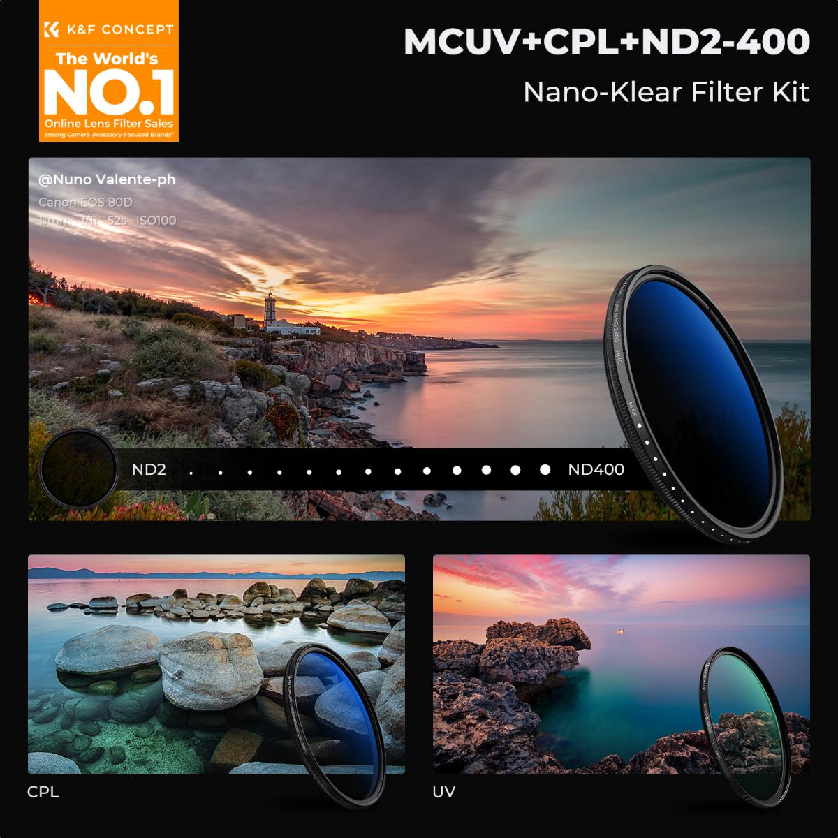 82mm MCUV+CPL+ND2-400 (1-9 Stops) Lens Filter Kit - 18-Layer Coated ...